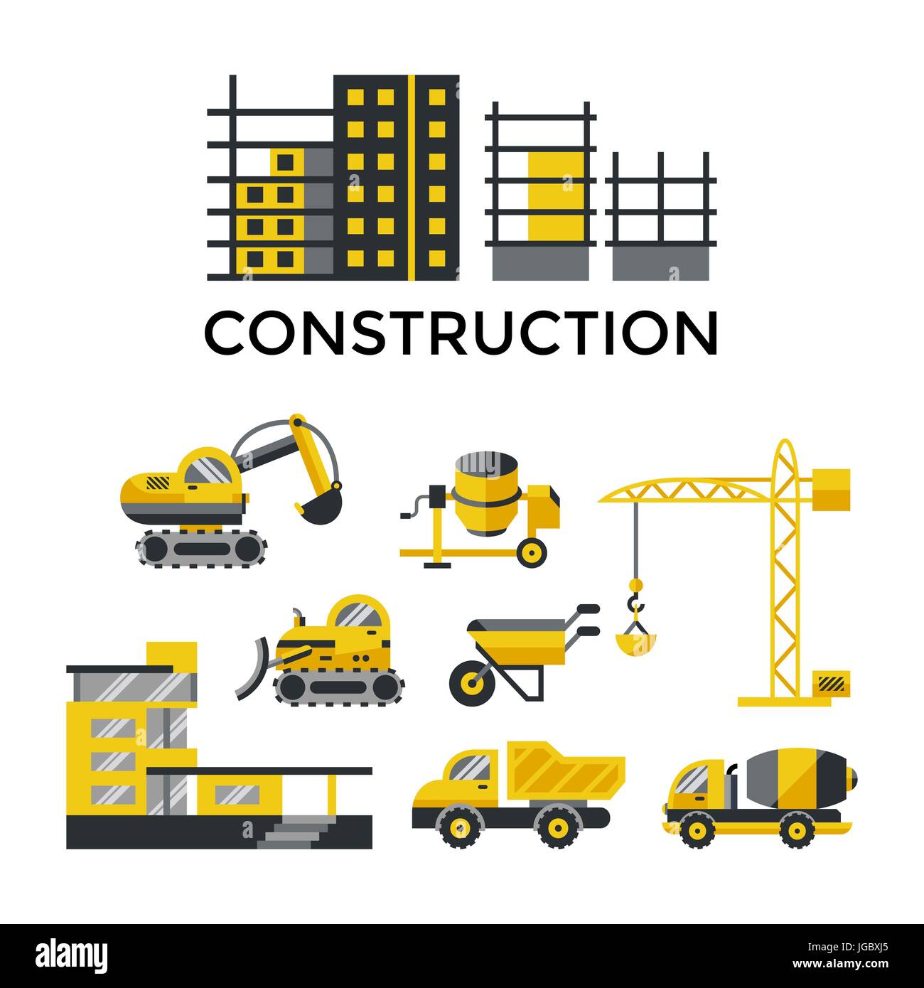 Digital vector yellow construction building tracks icons with drawn ...