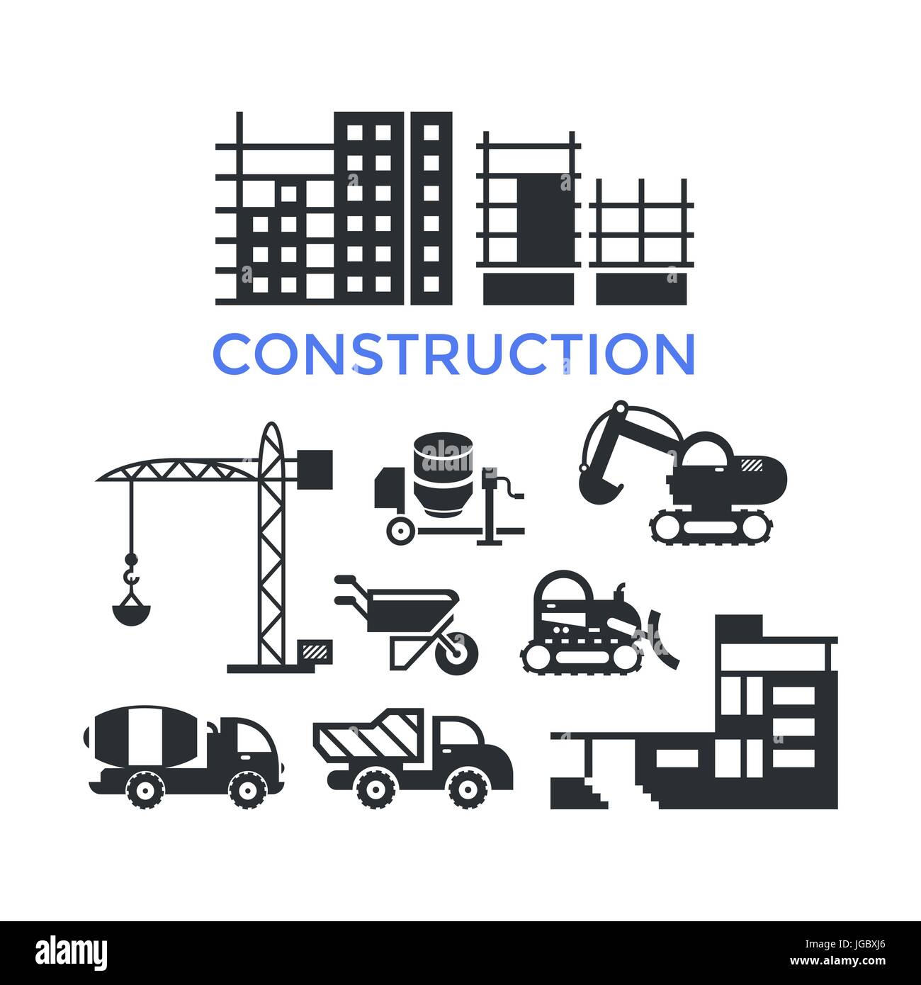 Digital vector black construction building tracks icons with drawn ...