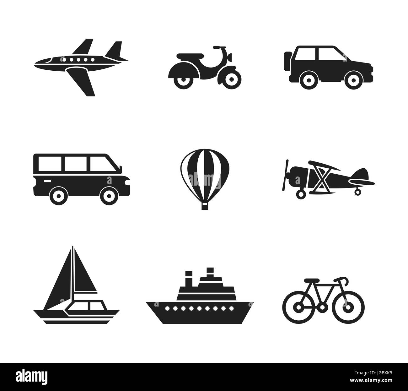Digital vector black travel transport icons set with drawn simple line ...