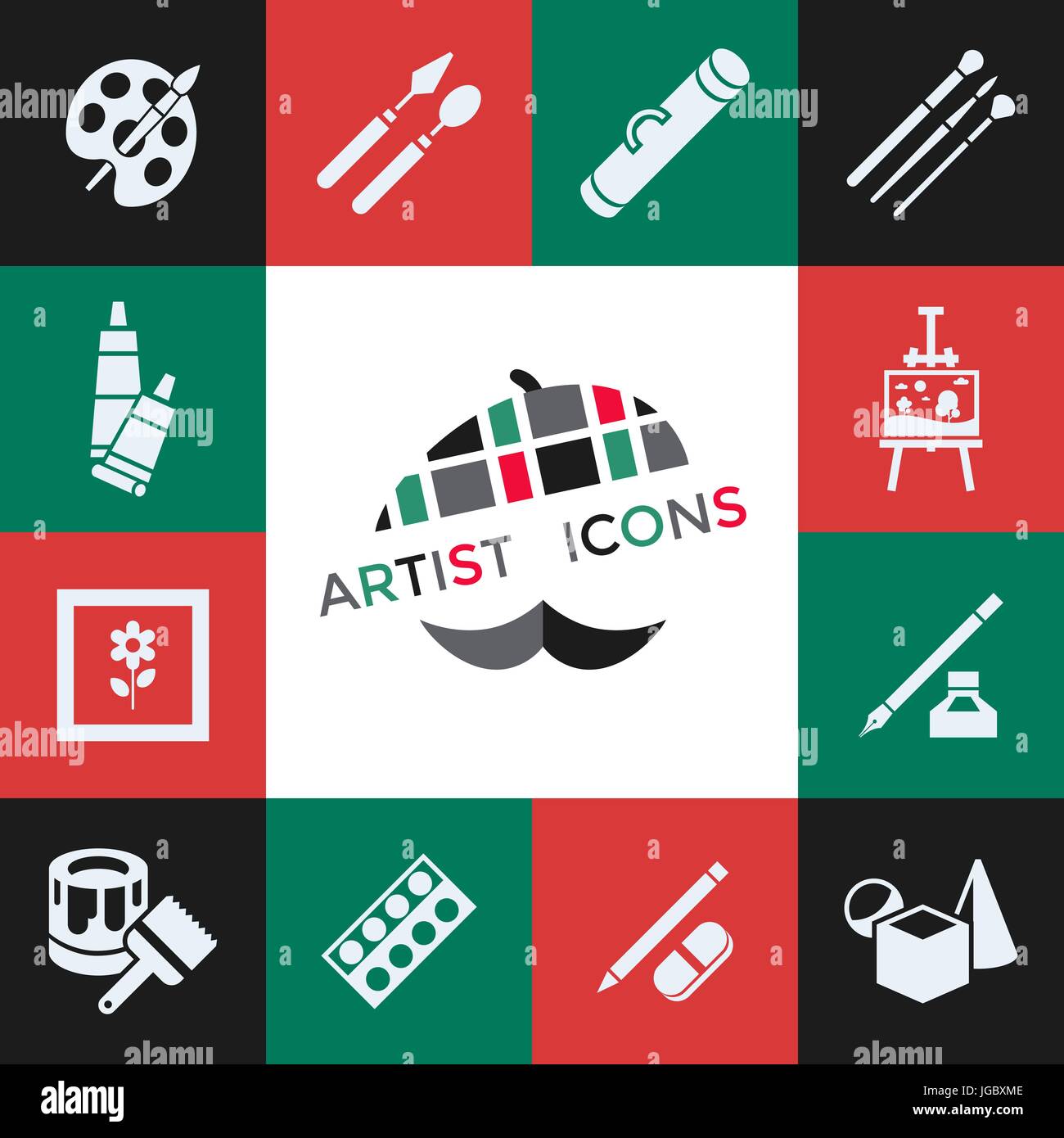 Digital vector green red artist icons set with drawn simple line art ...