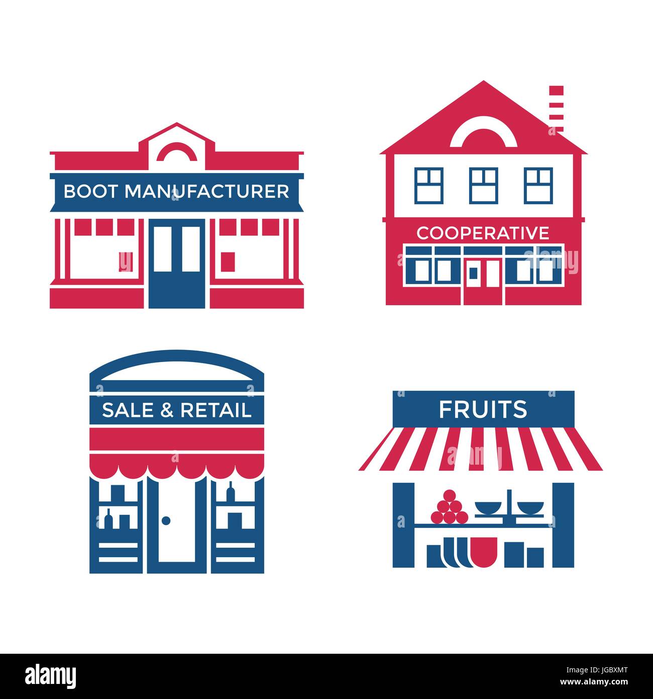 Digital vector red blue supermarket icons with drawn simple line art ...