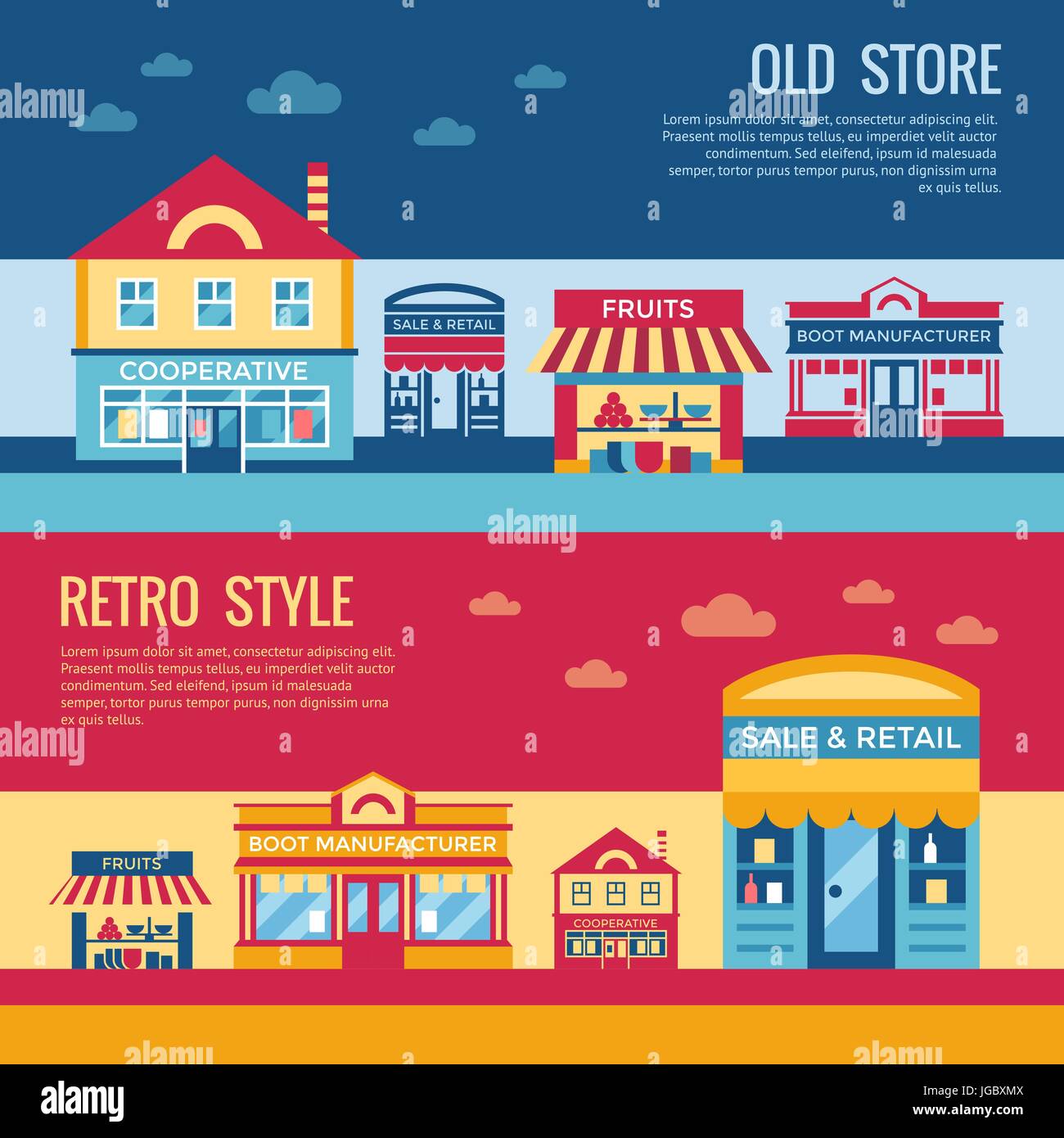 Digital vector red blue retro supermarket icons with drawn simple line ...