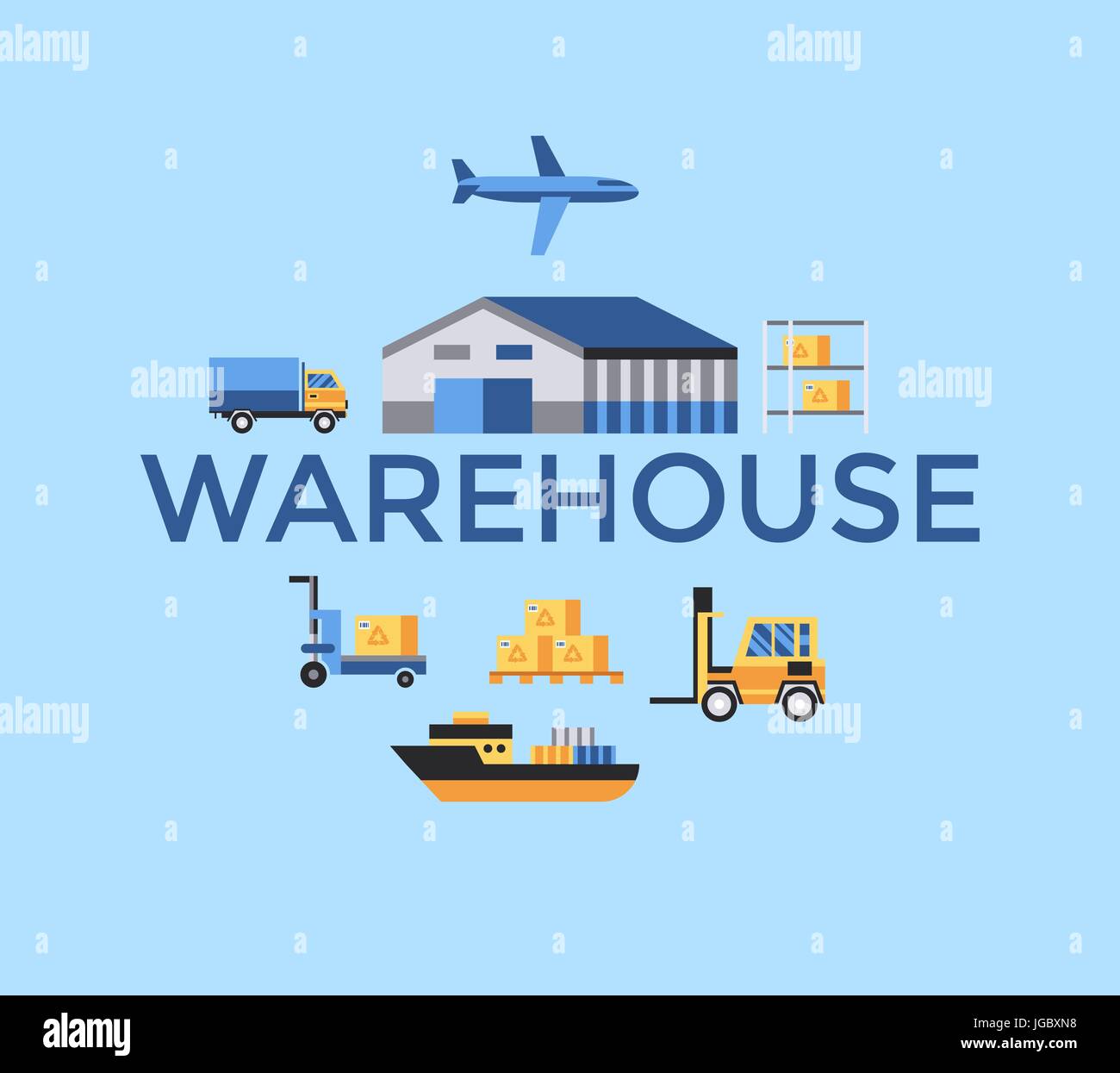 Digital vector yellow blue warehouse icons with drawn simple line art ...