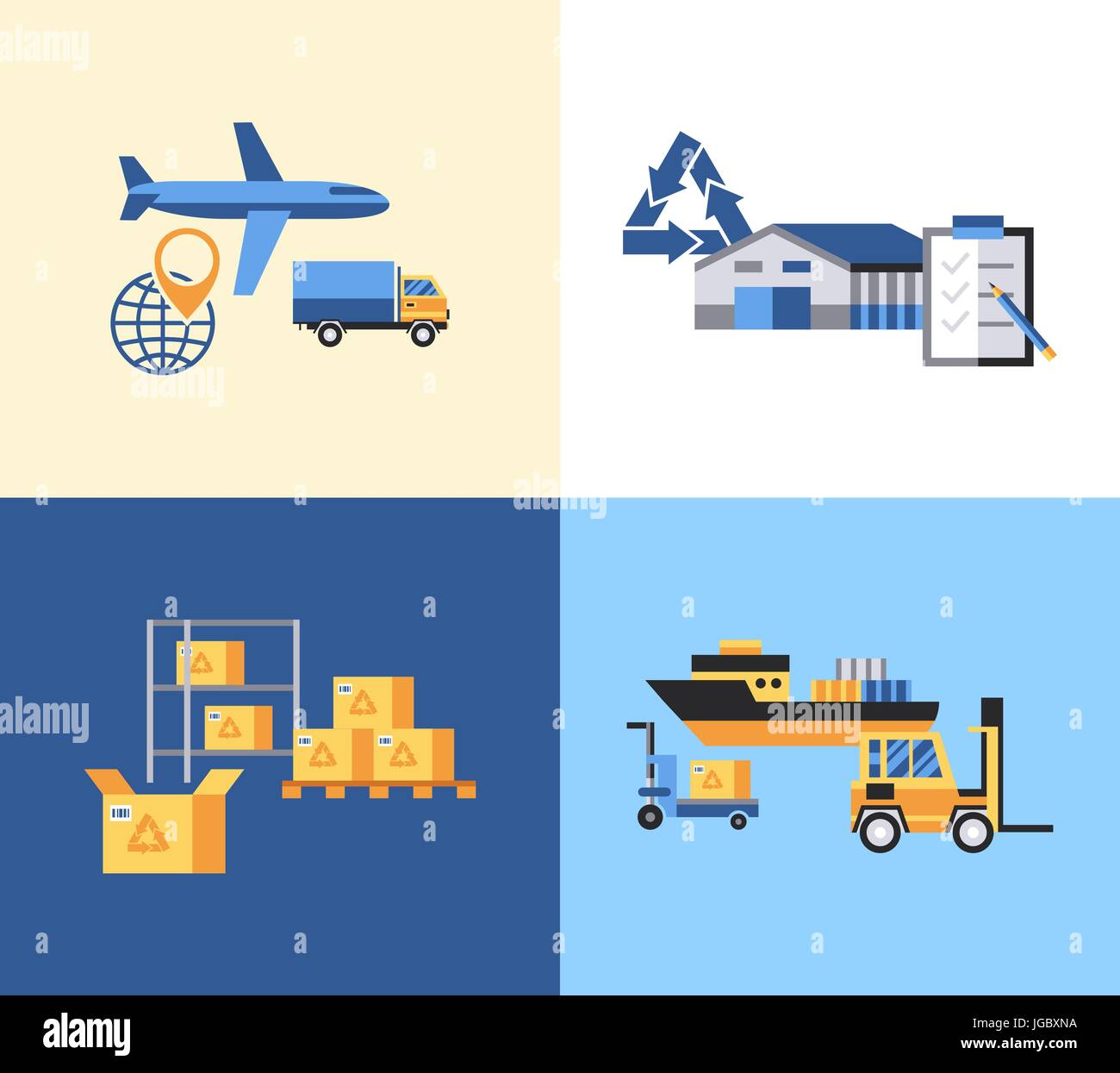 Digital vector yellow blue warehouse icons with drawn simple line art ...