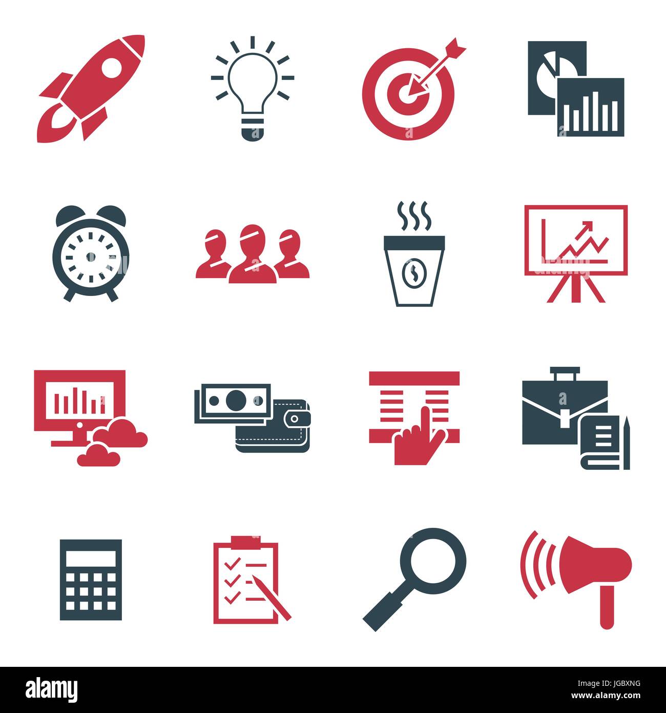 Digital vector black red startup icons with drawn simple line art info ...