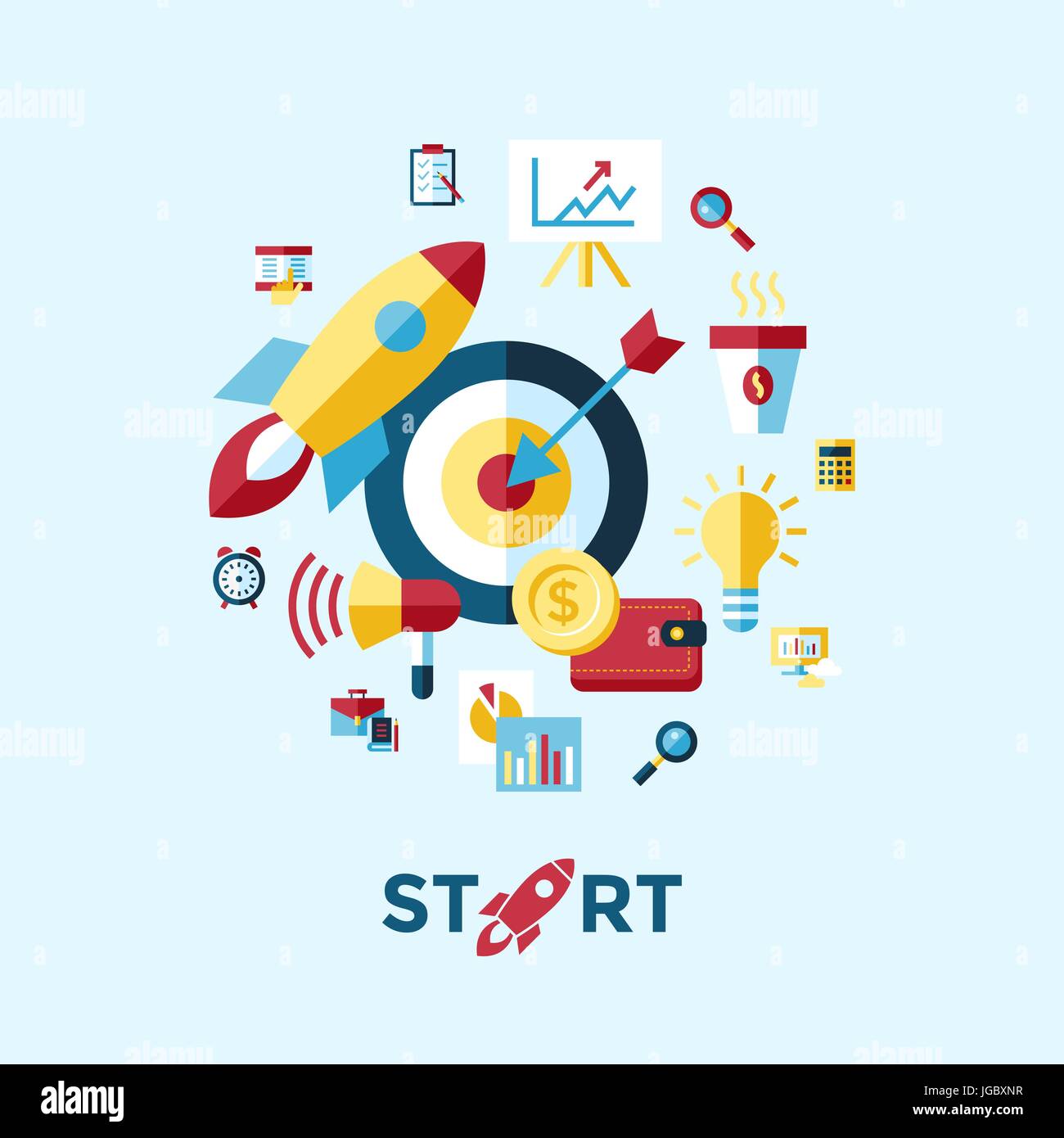 Digital vector blue red startup icons with drawn simple line art info ...