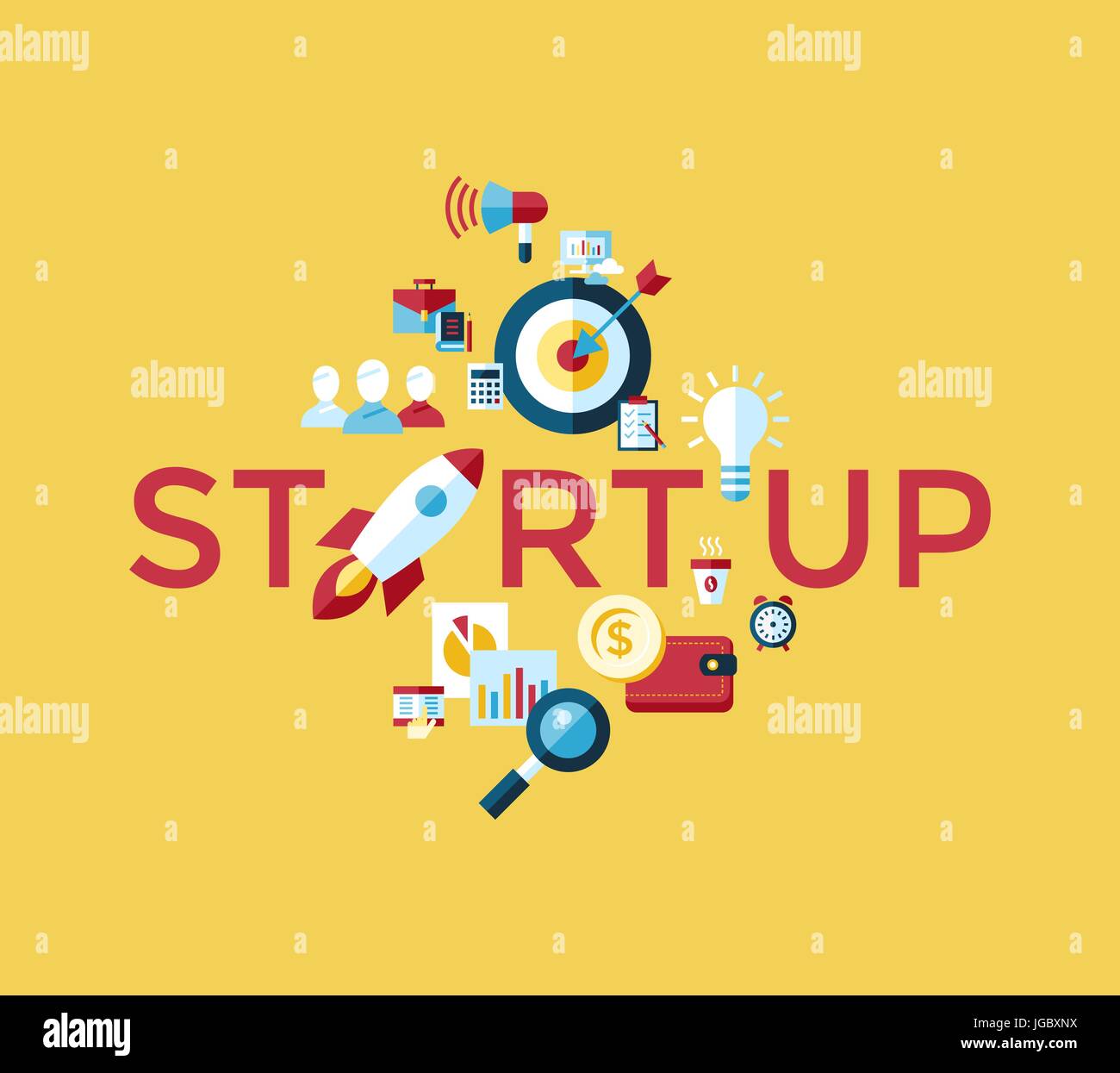 Digital vector yellow startup team icons with drawn simple line art ...