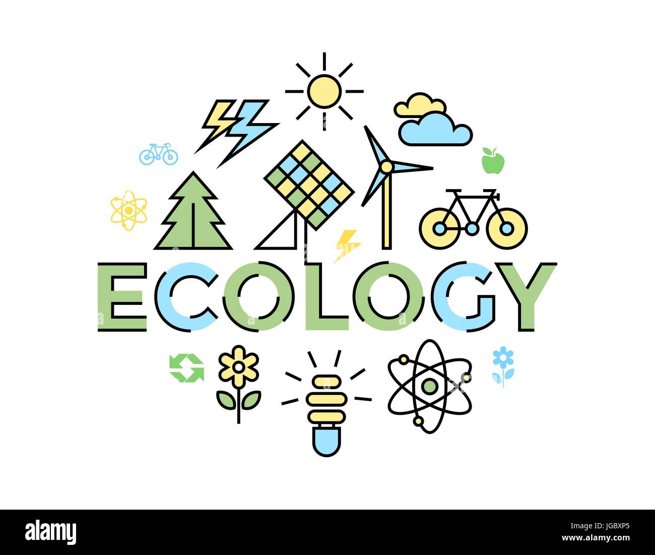 Digital vector yellow blue ecology environment icons with drawn simple ...