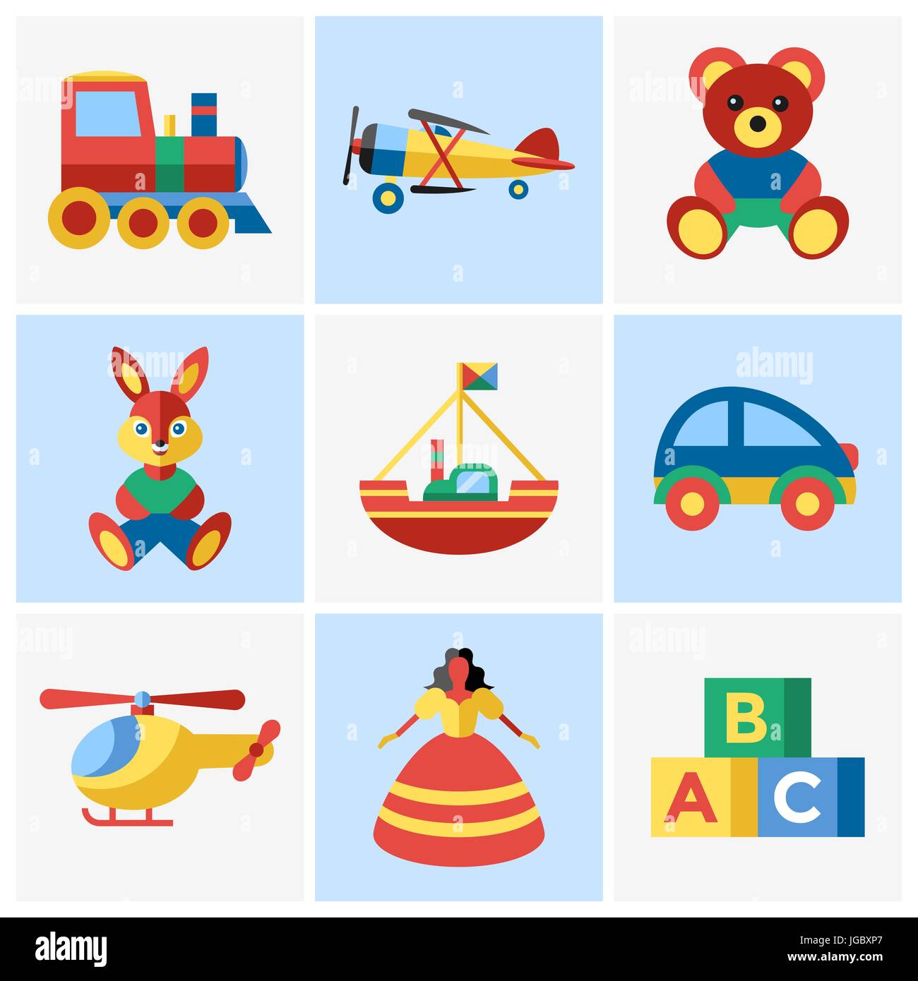 Digital vector blue yellow children toys icons with drawn simple line ...