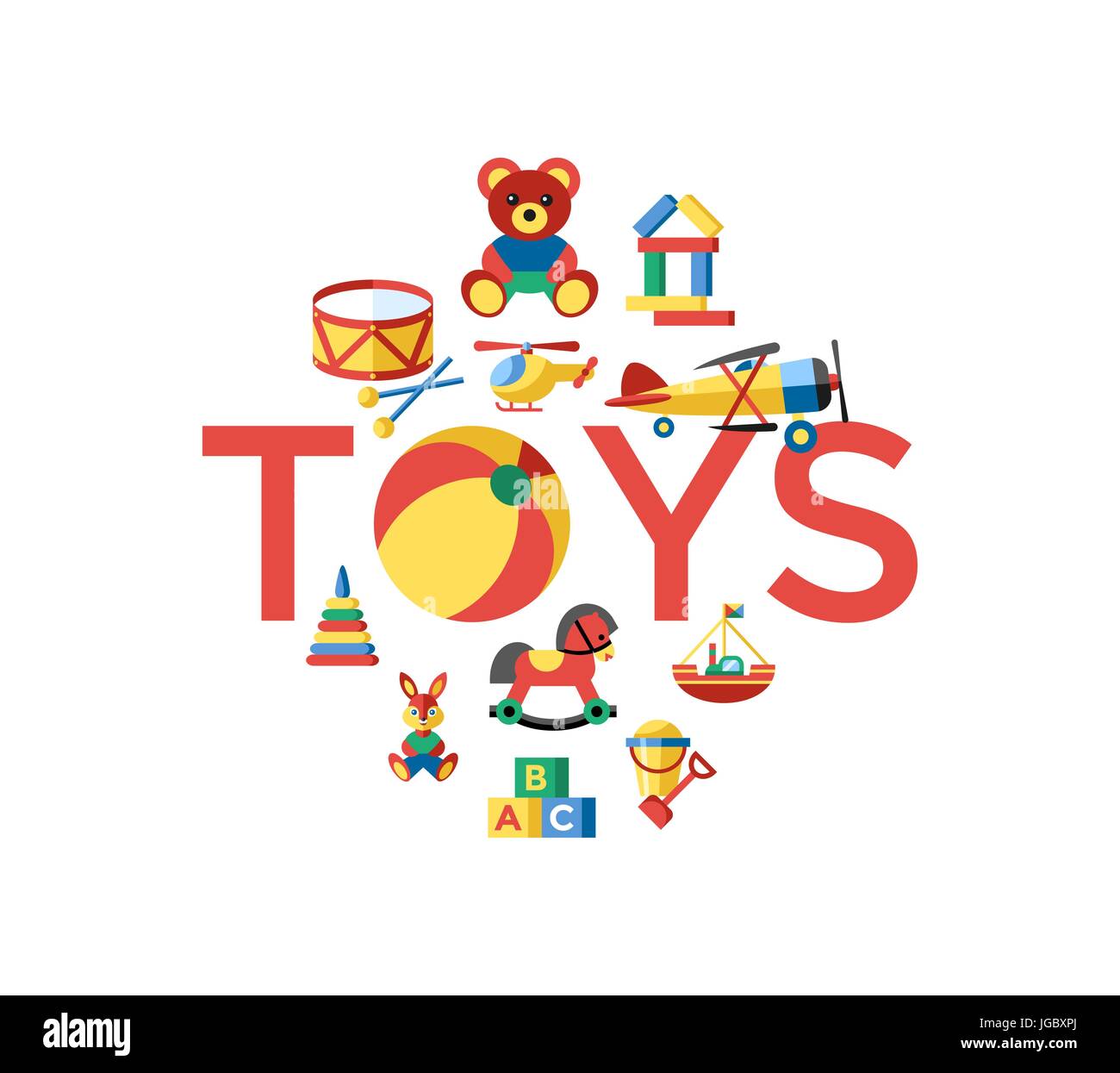 Digital vector blue yellow children toys icons with drawn simple line ...