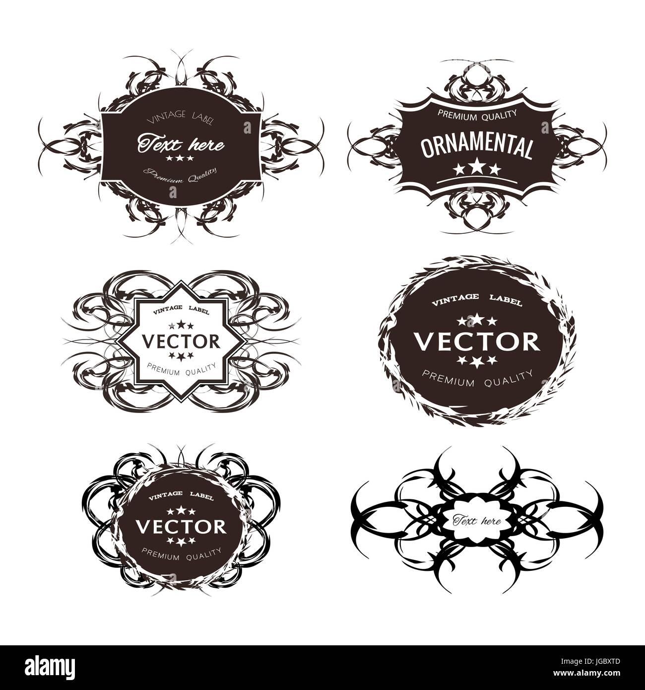 Digital vector black floral ornament stickers collection, ribbon and ...
