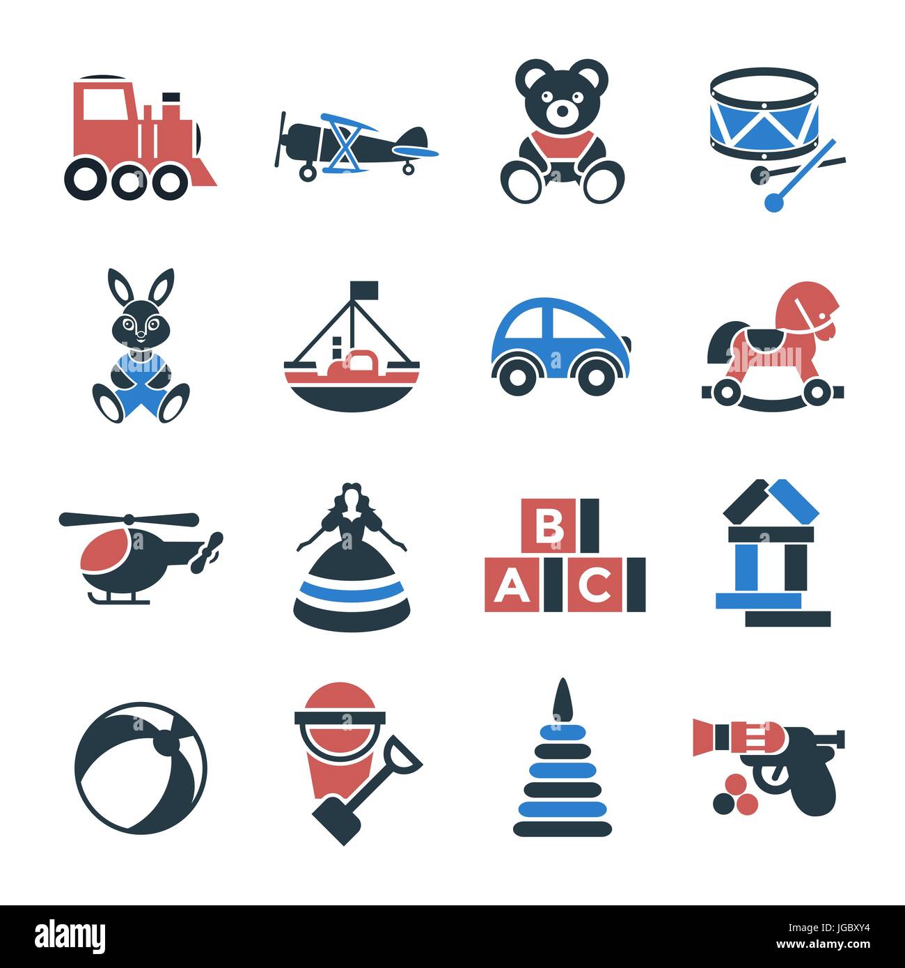 Digital vector black red children toys icons with drawn simple line art ...