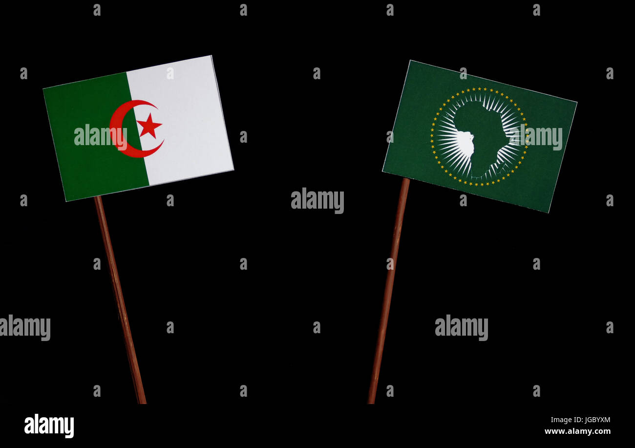 Algerian flag with African Union flag isolated on black background ...