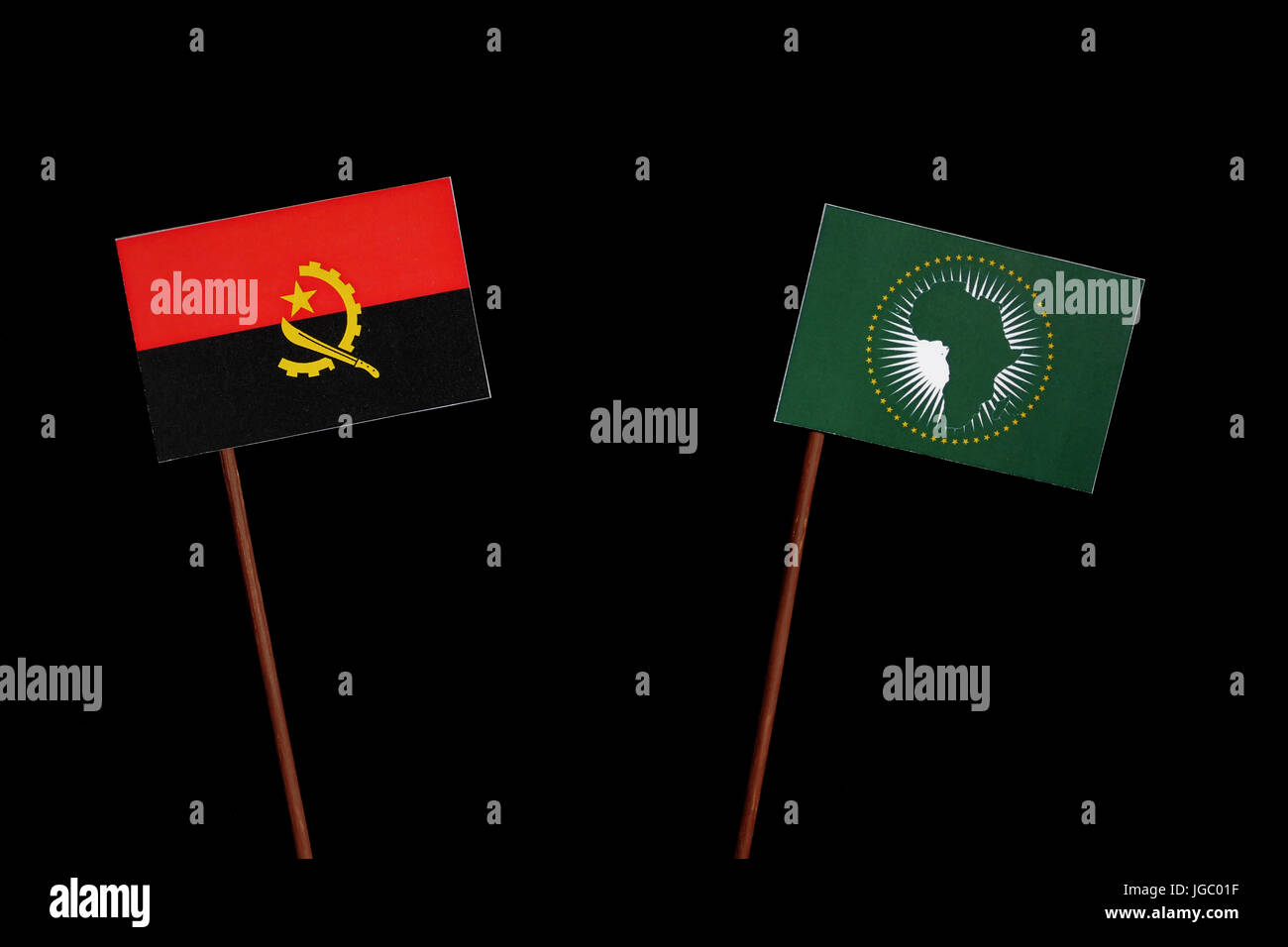Angolan flag with African Union flag isolated on black background Stock ...