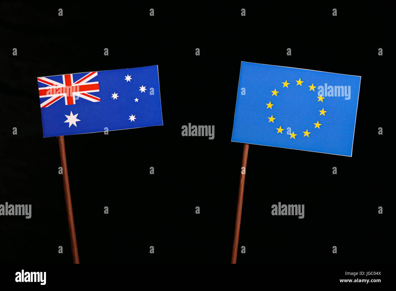 Australian flag with European Union (EU) flag isolated on black ...