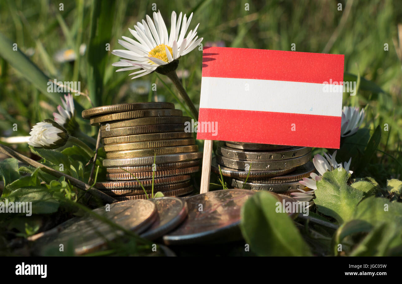 Austrian flag with stack of money coins with grass and flowers Stock ...