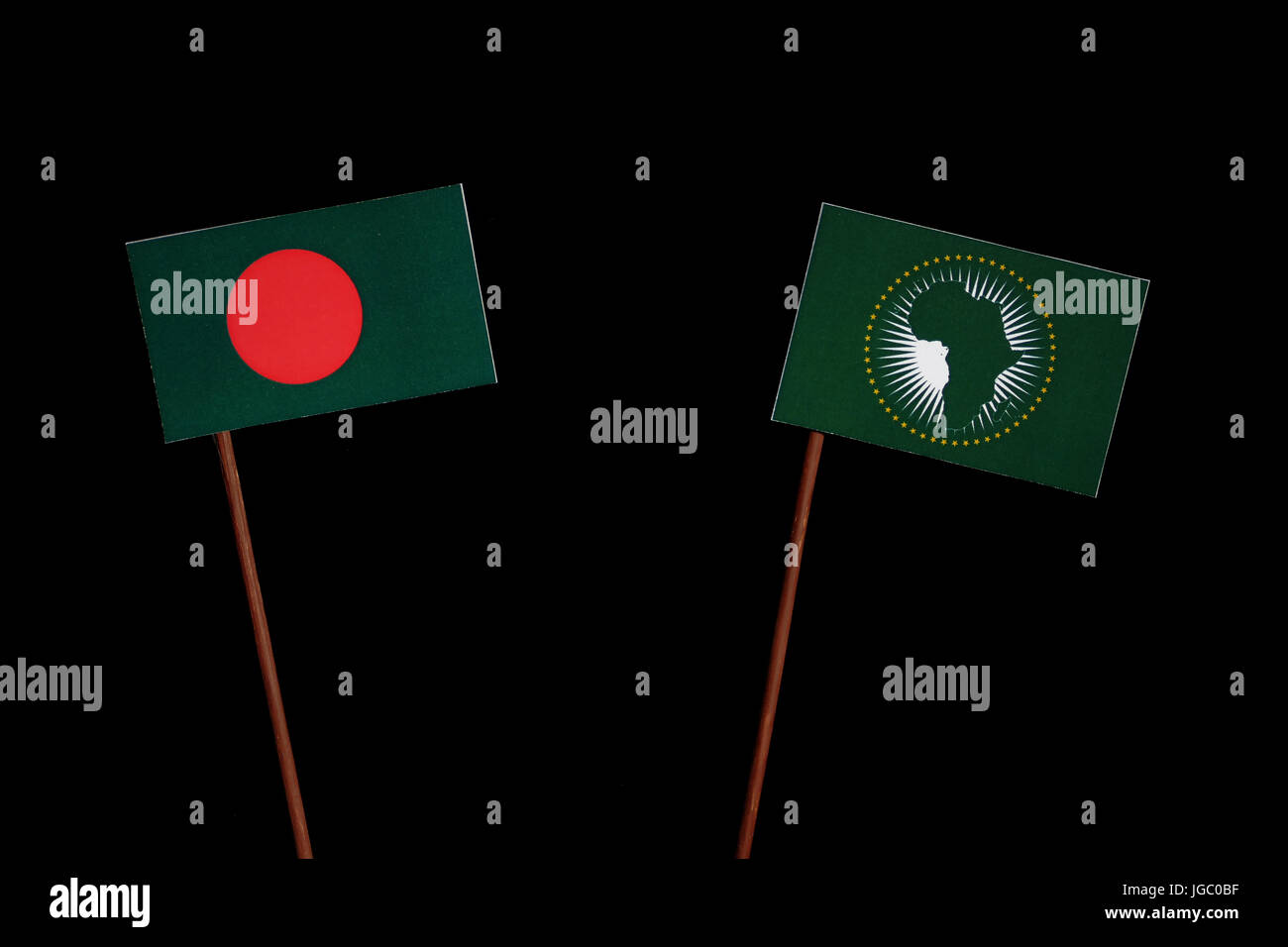 Bangladesh flag with African Union flag isolated on black background ...