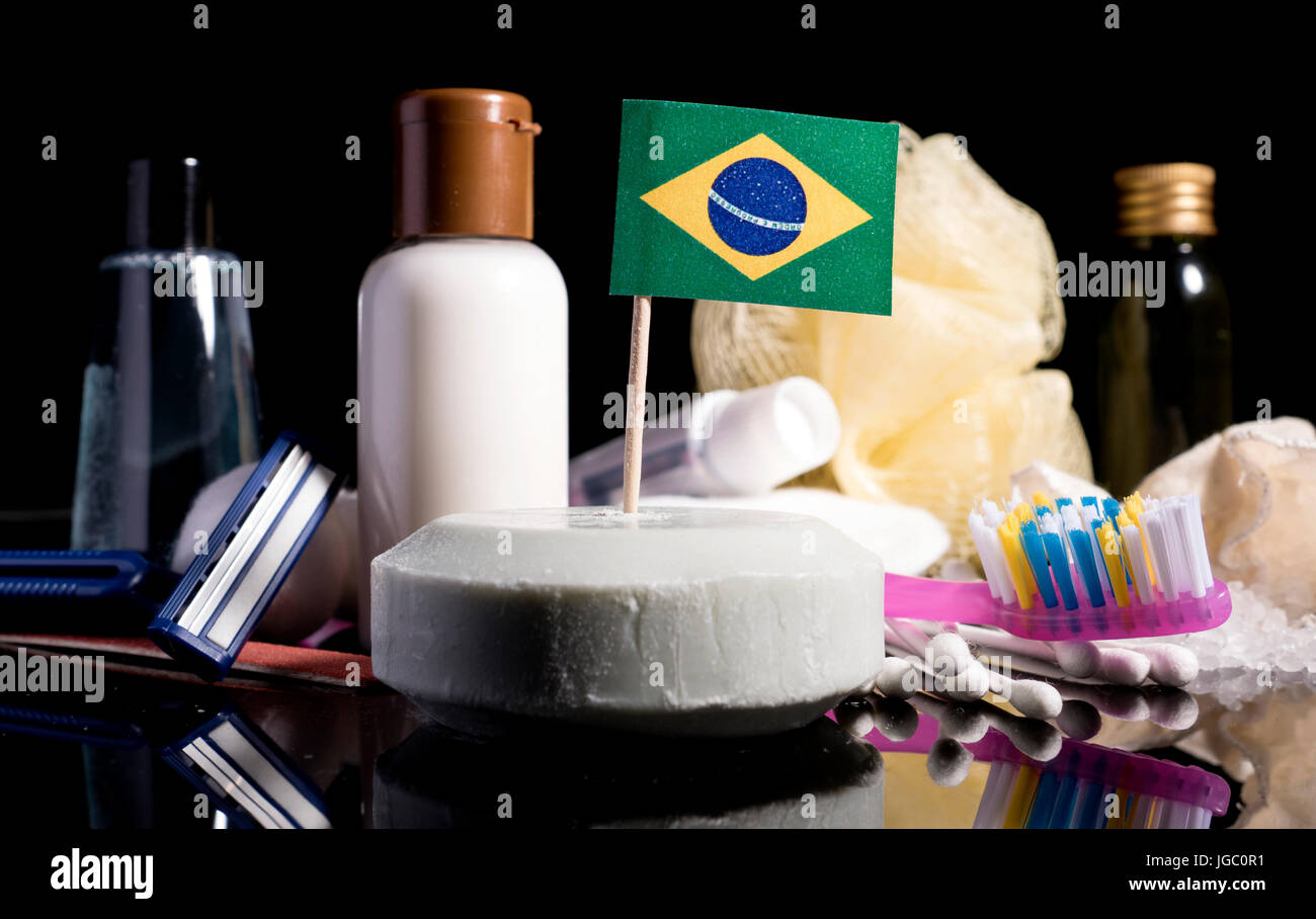 Brazilian flag in the soap with all the products for the people hygiene ...