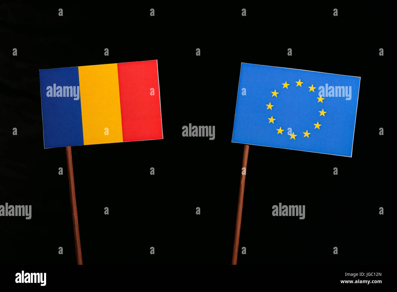 Chad flag with European Union (EU) flag isolated on black background ...