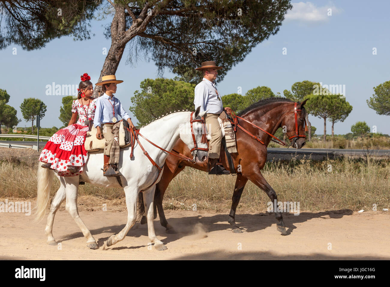 El Rocio, Spain - June 1, 2017: Pilgrims on horseback in traditional ...
