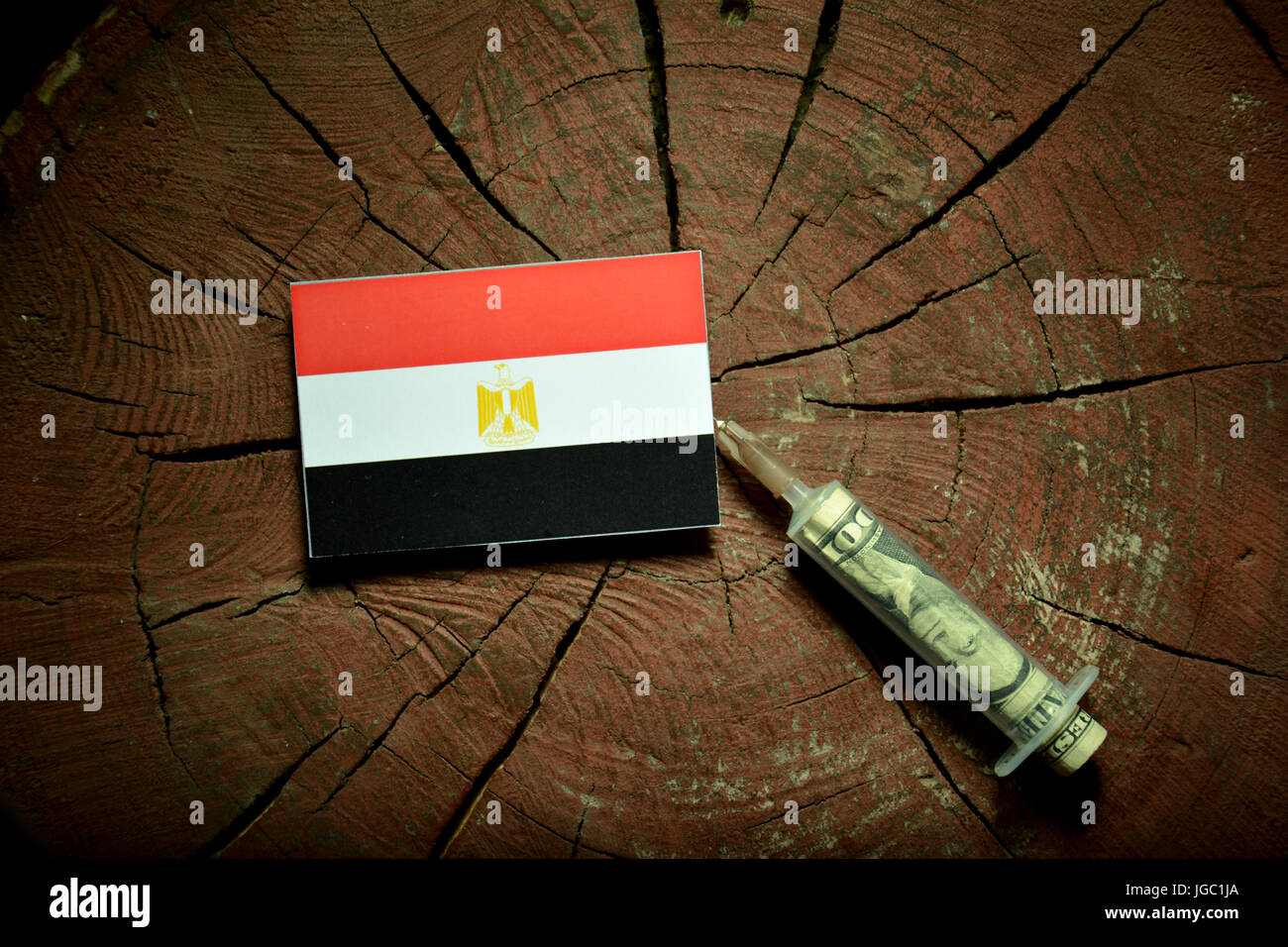 Egyptian flag on a stump with syringe injecting money in flag Stock ...