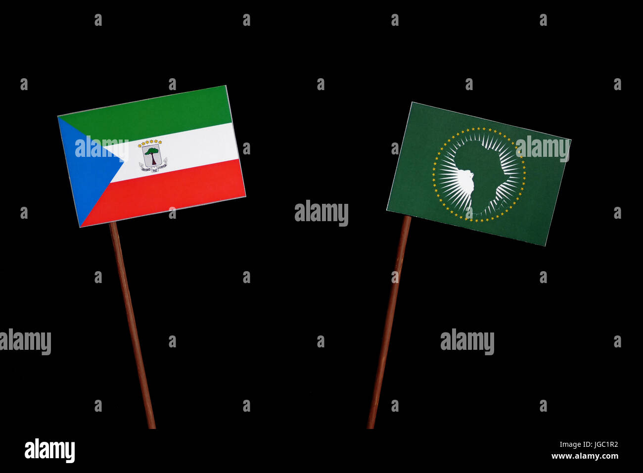 Equatorial Guinea flag with African Union flag isolated on black ...