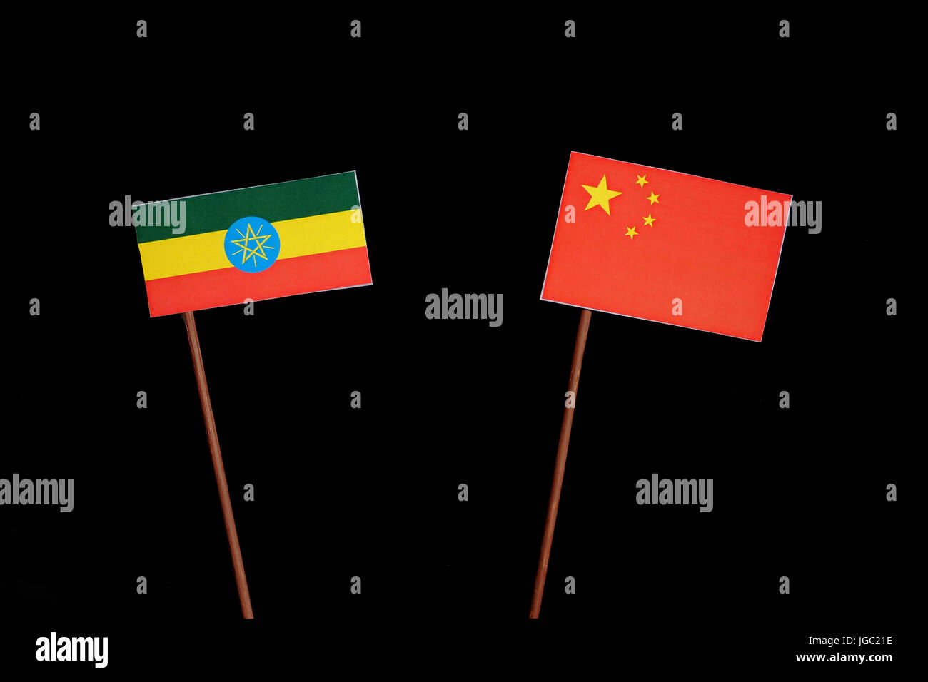 Ethiopian flag with Chinese flag isolated on black background Stock ...
