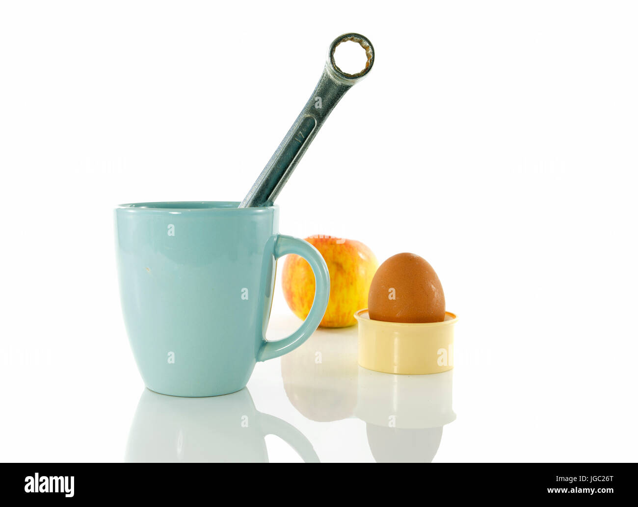 time for a coffee break during work with blue coffe cup and metal ...