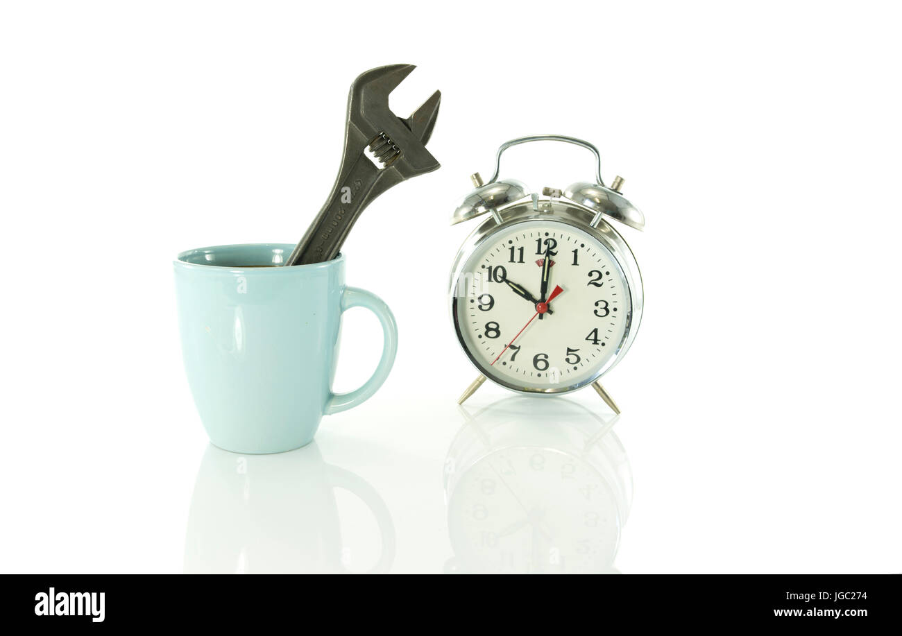 time for a coffee break during work with blue coffee cup and metal tool ...