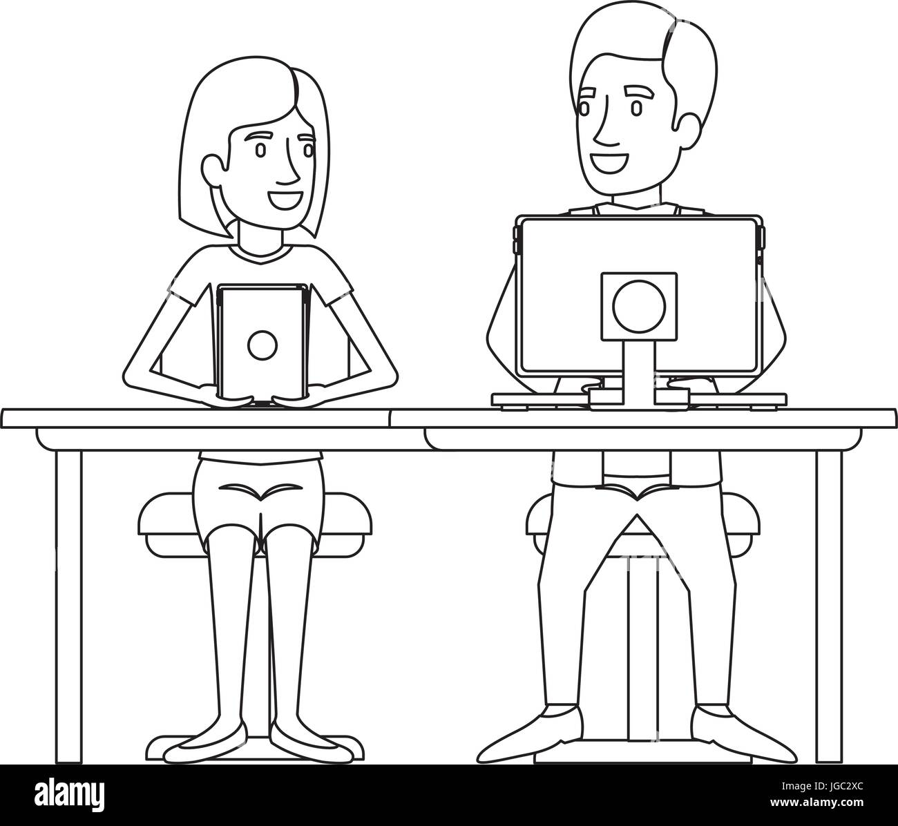 monochrome silhouette of teamwork of woman and man sitting in desk with ...