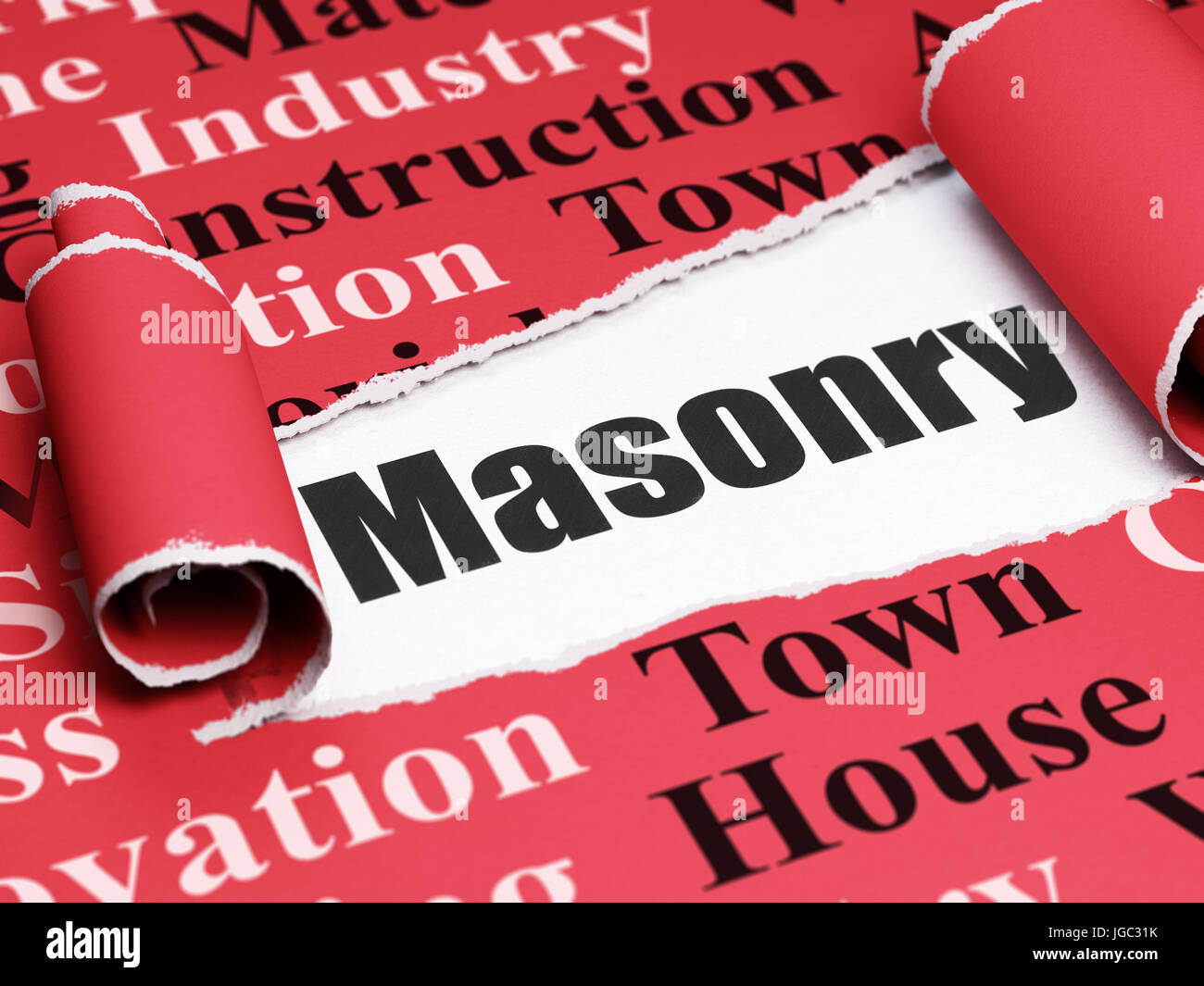 Building construction concept: black text Masonry under the piece of ...