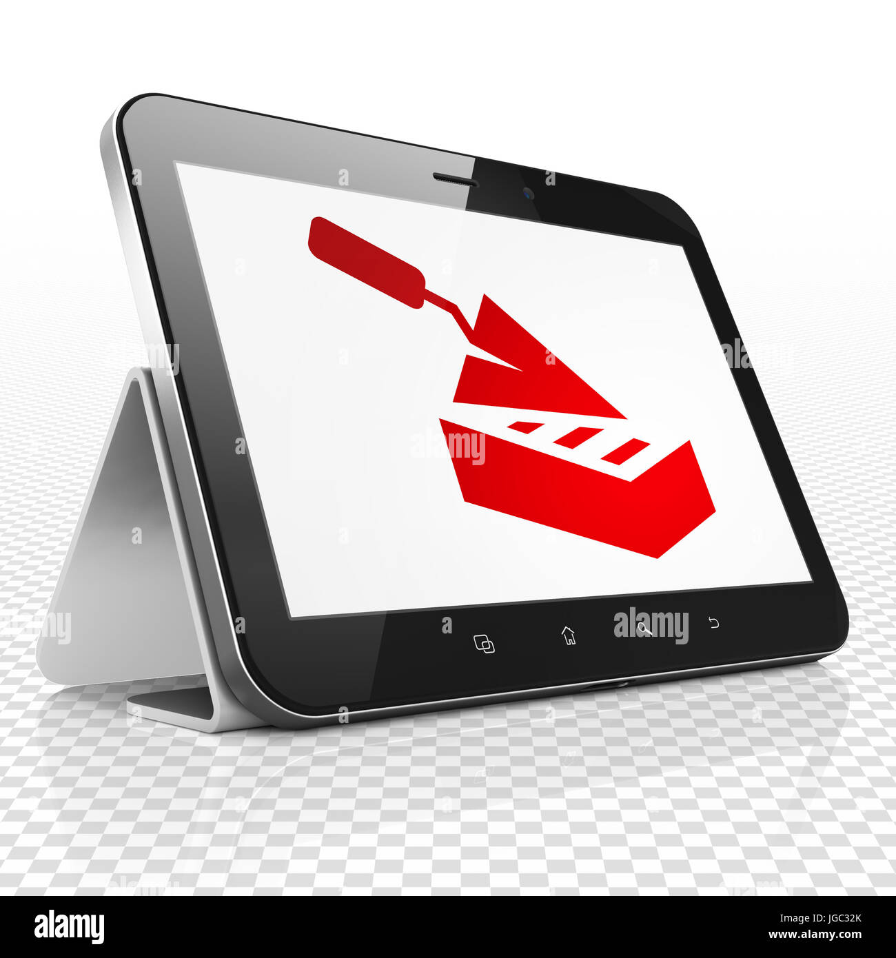 Building construction concept: Tablet Computer with Brick Wall on ...