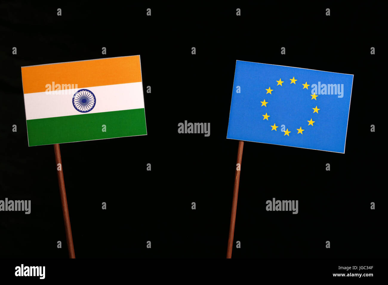 Indian flag with European Union (EU) flag isolated on black background ...