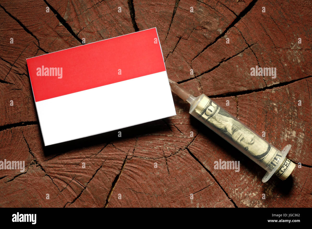 Indonesian flag on a stump with syringe injecting money in flag Stock ...