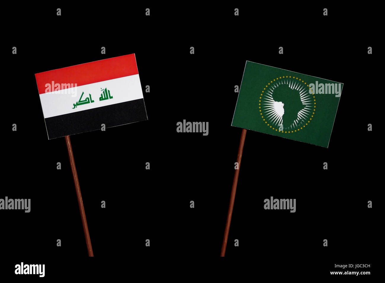 Iraqi flag with African Union flag isolated on black background Stock ...