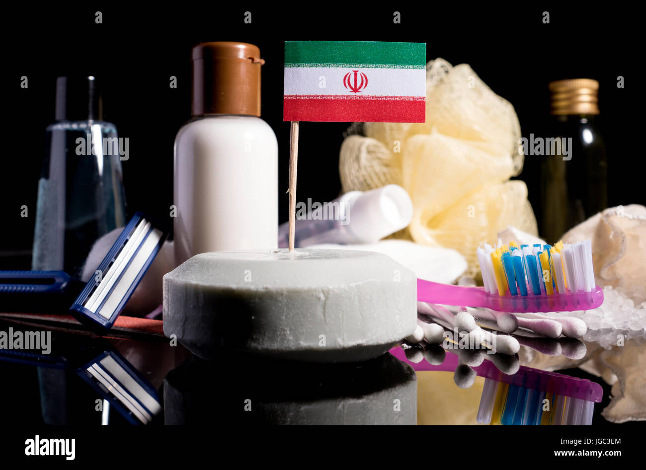 Iranian flag in the soap with all the products for the people hygiene ...
