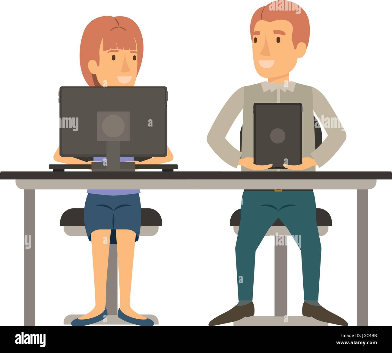 colorful silhouette of teamwork of woman and man sitting in desk with ...