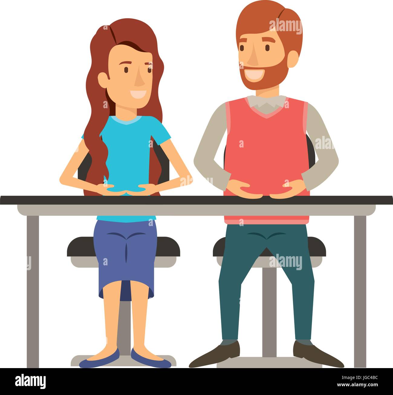 colorful silhouette of teamwork of woman and man sitting in desk and ...