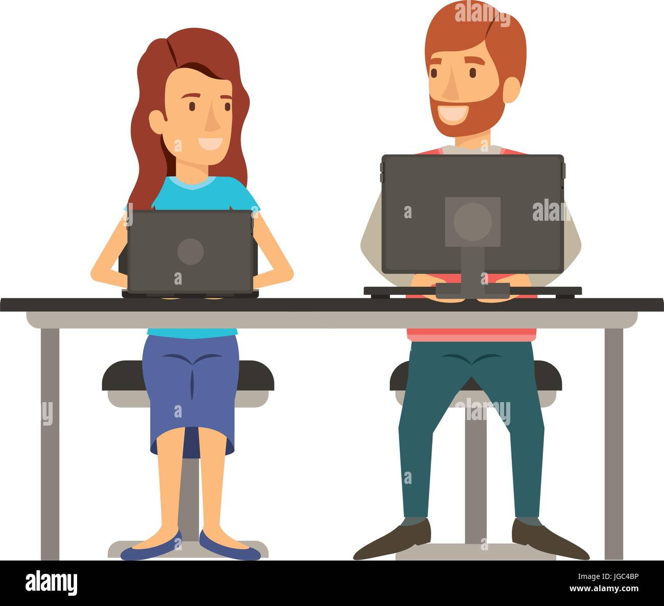 colorful silhouette of teamwork of woman and man sitting in desk with ...