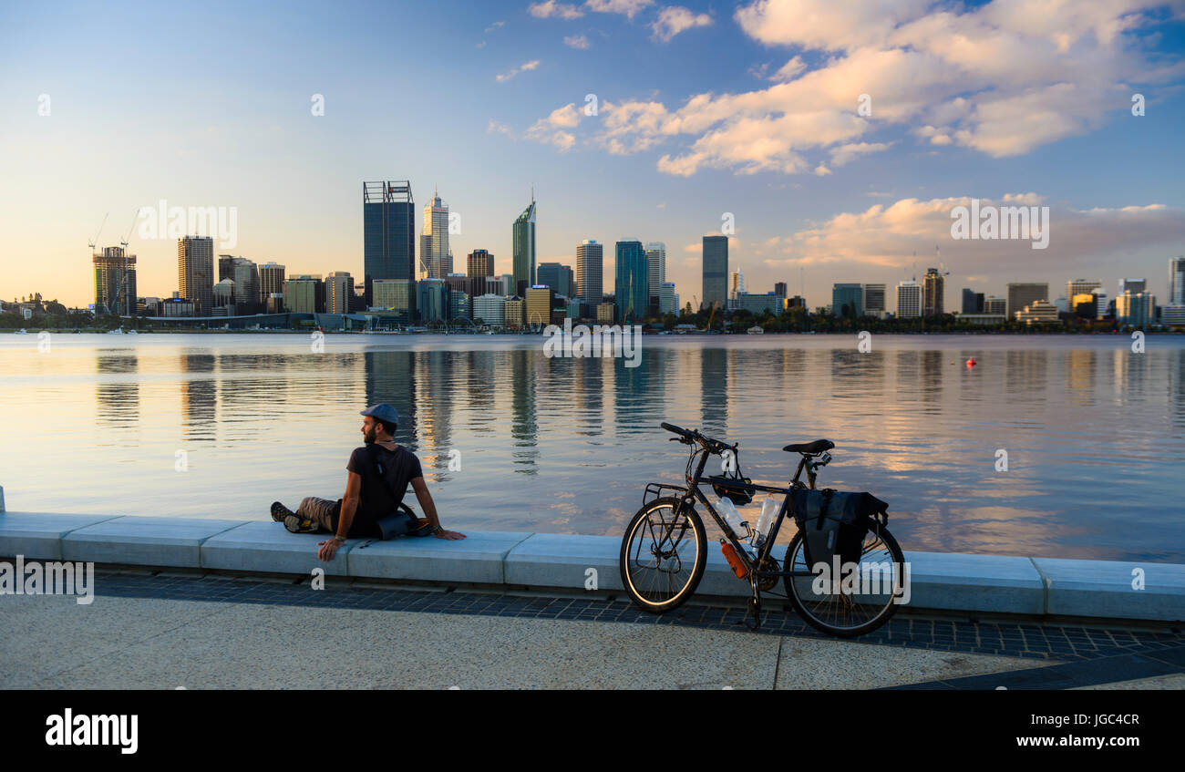 Skyline of Perth along the Swan River, Western Australia Stock Photo ...