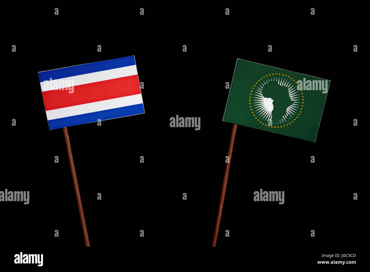 Costa Rican flag with African Union flag isolated on black background ...