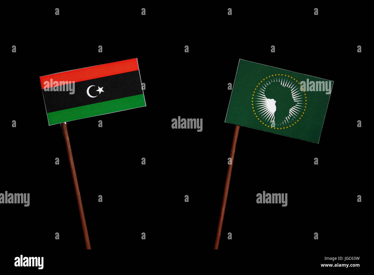 Libyan flag with African Union flag isolated on black background Stock ...