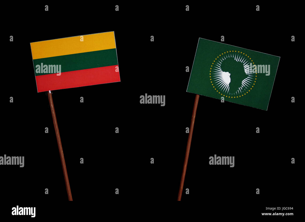 Lithuanian flag with African Union flag isolated on black background ...