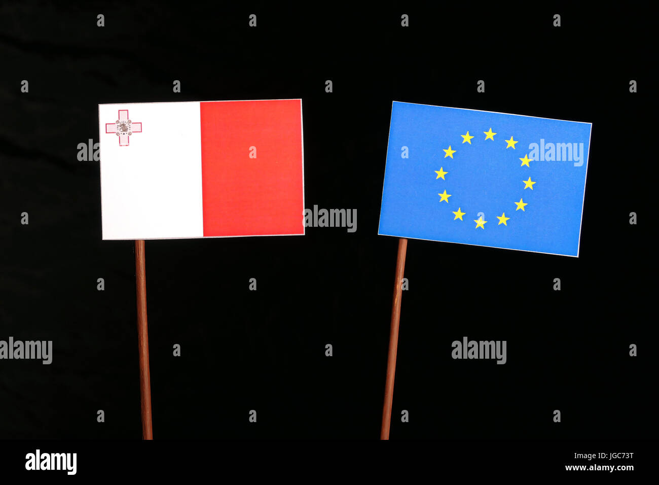 Maltese flag with European Union (EU) flag isolated on black background ...