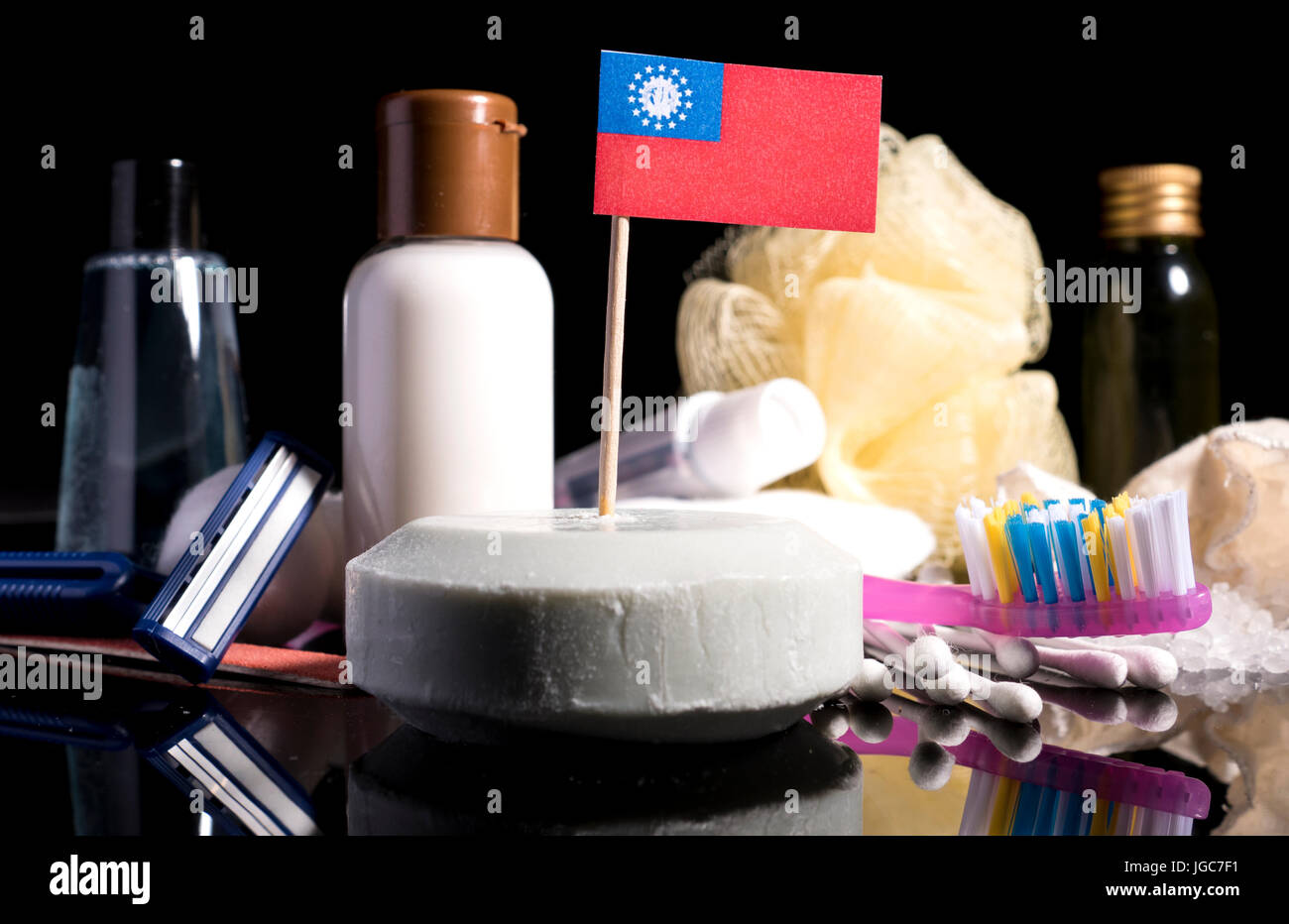 Myanmar flag in the soap with all the products for the people hygiene ...