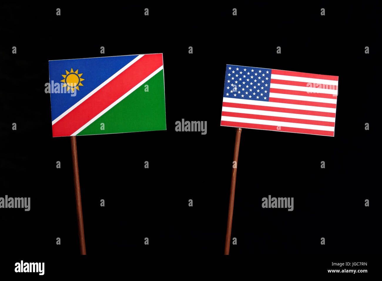 Namibian flag with USA flag isolated on black background Stock Photo ...