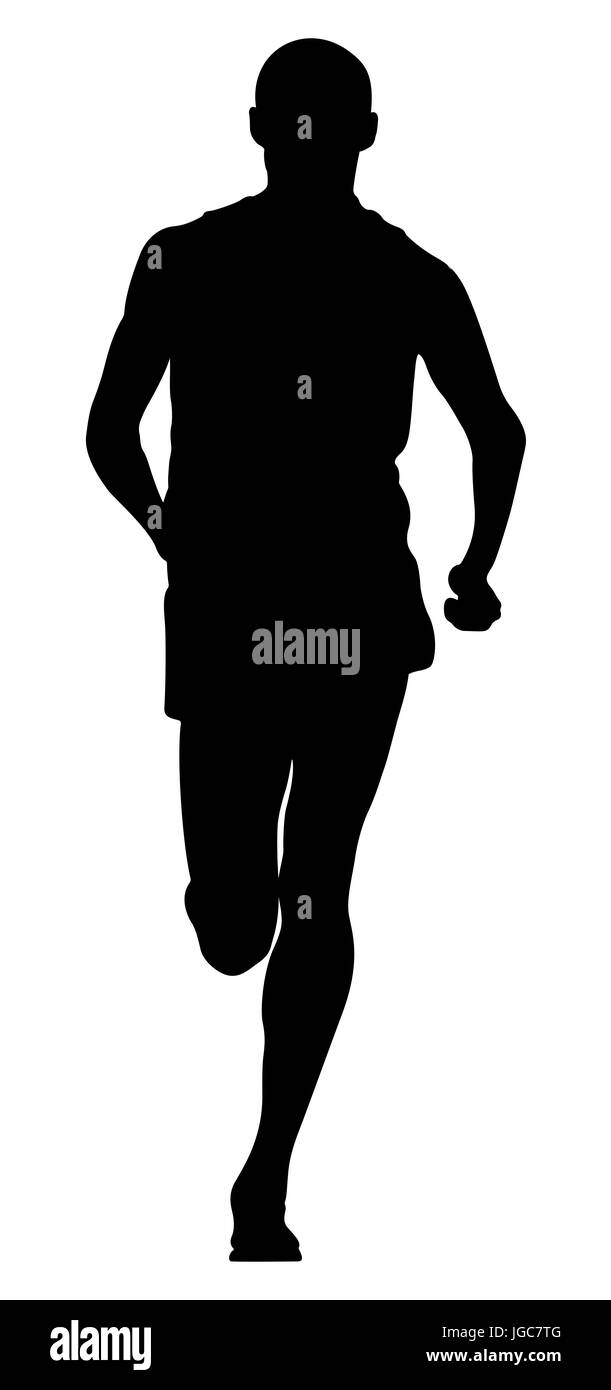 Male Runner Athlete Running Front View Black Silhouette Black and White ...