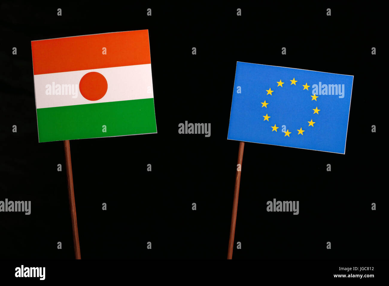 Niger flag with European Union (EU) flag isolated on black background ...