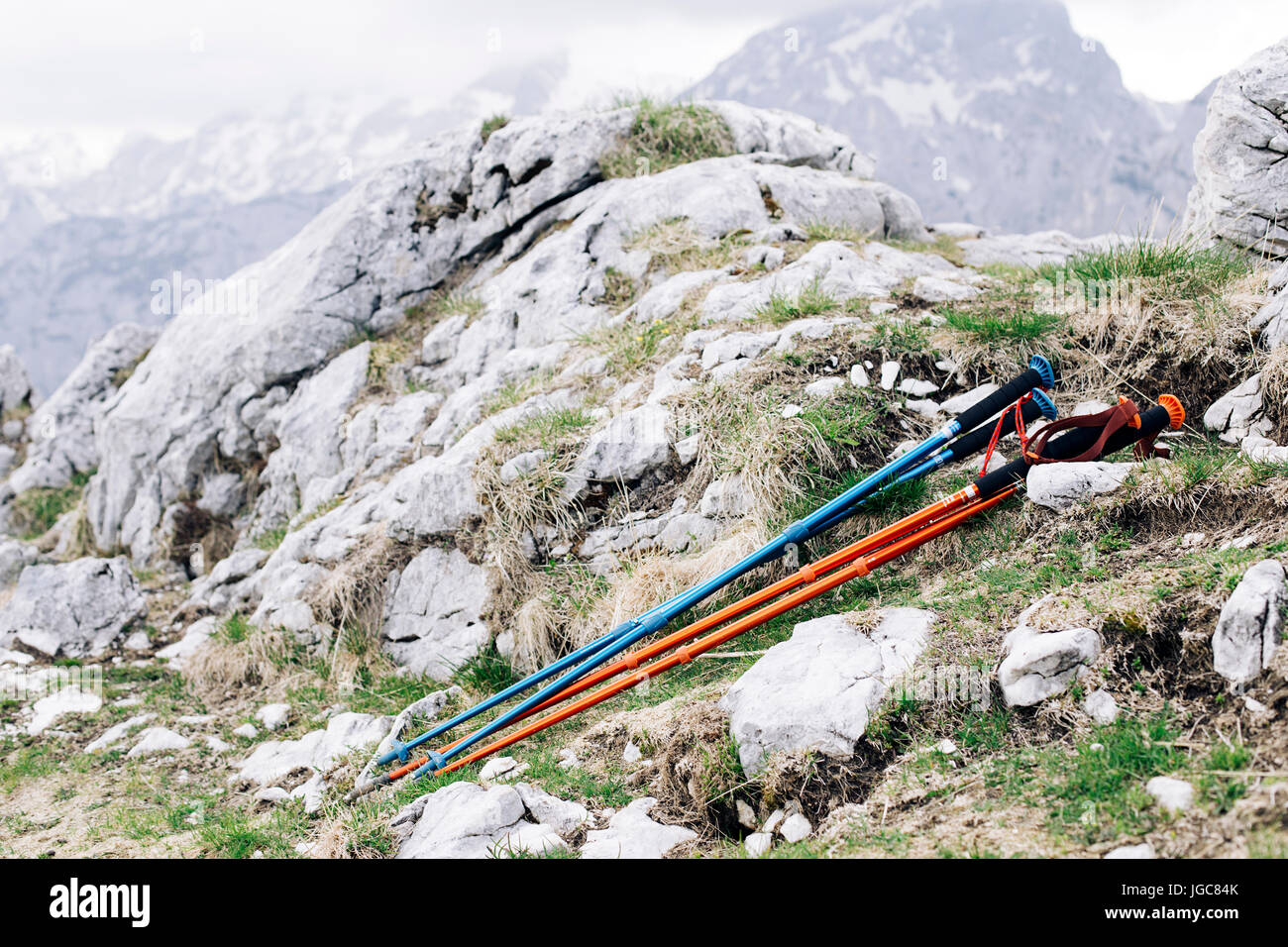 View at hiking sticks on rocks Stock Photo - Alamy