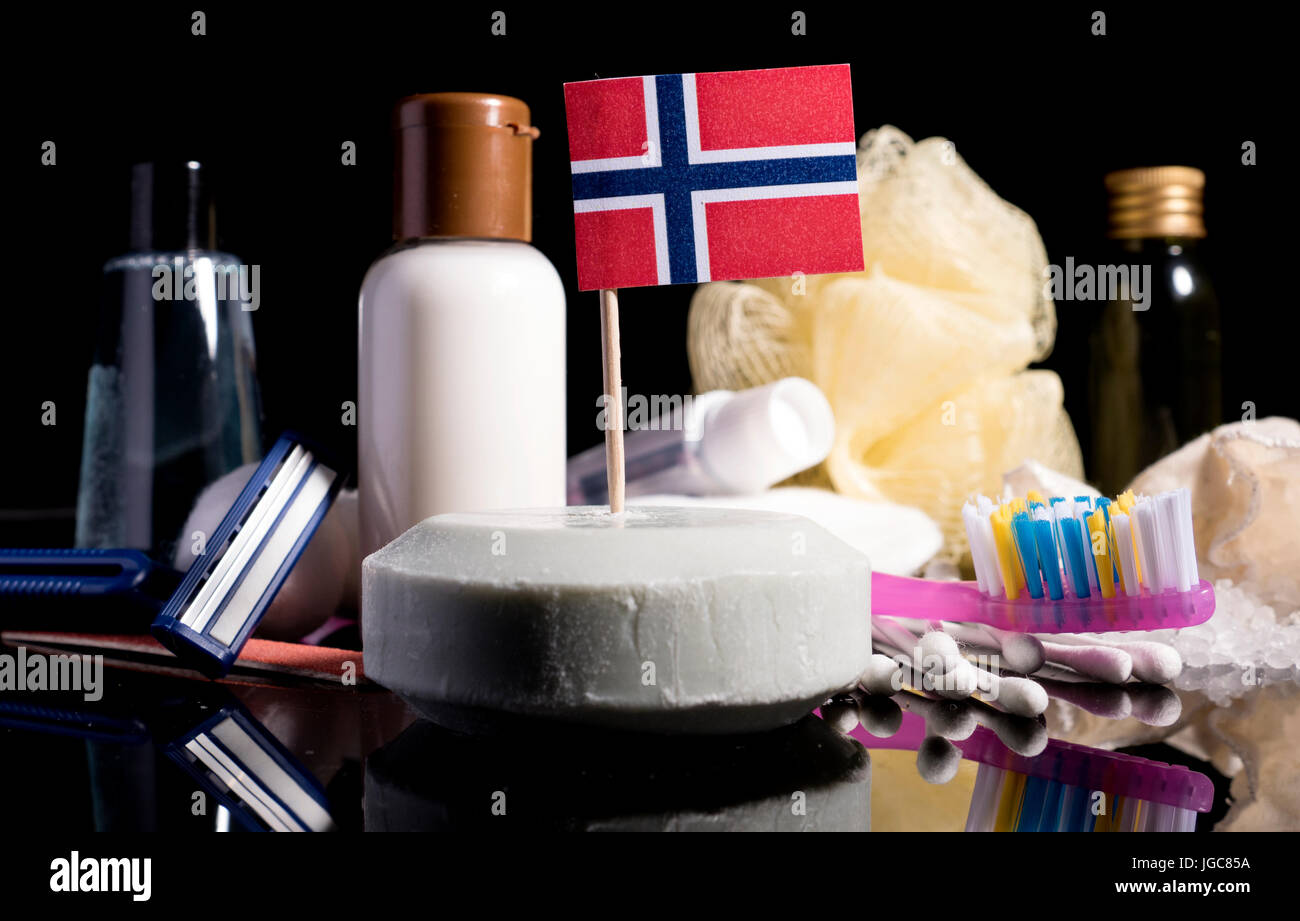Norwegian flag in the soap with all the products for the people hygiene ...